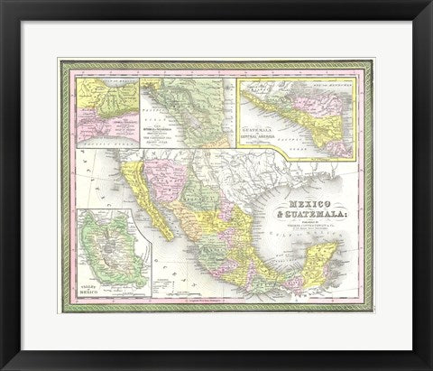 Framed Art 1850 Mitchell Map of Mexico Texas Wall Decor 18x24 Artwork