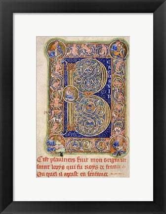 Framed Art Illuminated Manuscript, Psalter. Inhabited Initial B of Psa